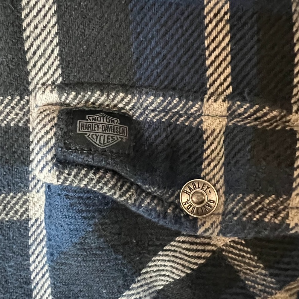 Harley Davidson Motorcycle Blue Plaid Flannel Button … - Gem